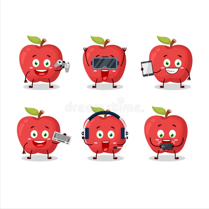 Apple Cartoon Character are Playing Games with Various Cute Emoticons ...