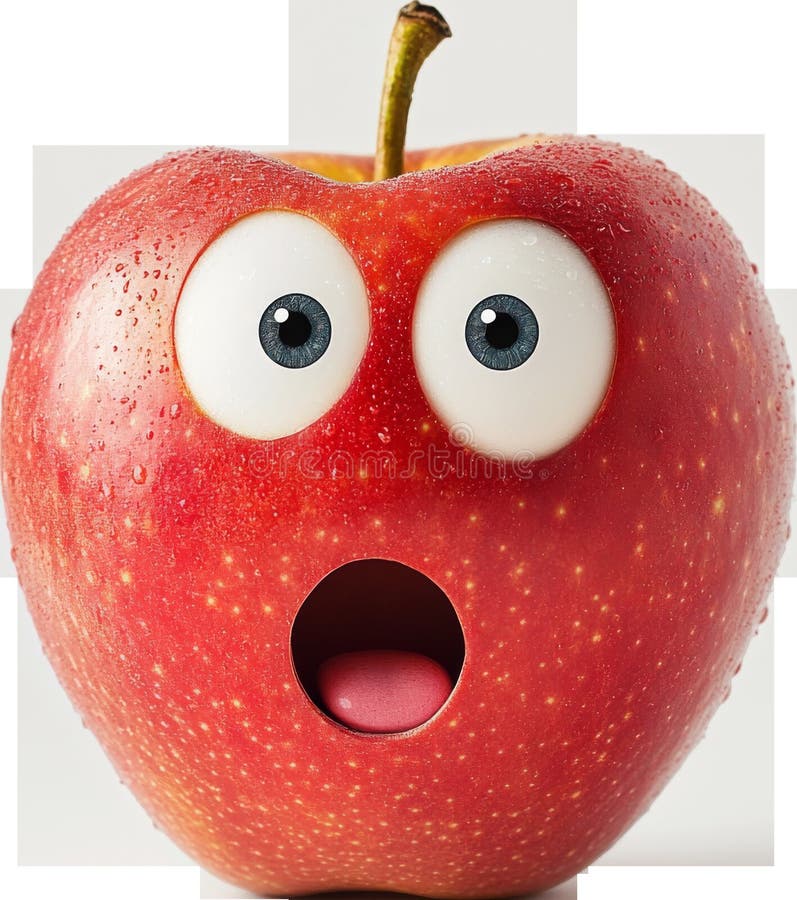 Apple with Cartoon Eyes Expressing Surprise on Transparent Background ...