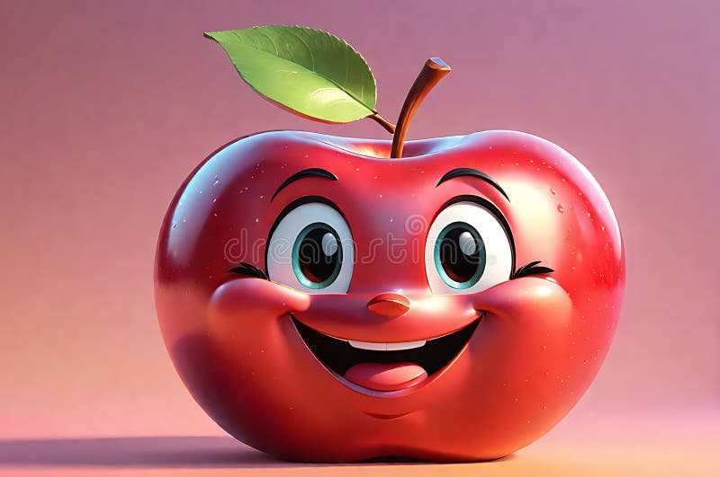 Apple Character Smiling - 3D Render with Exaggerated Cute Features ...
