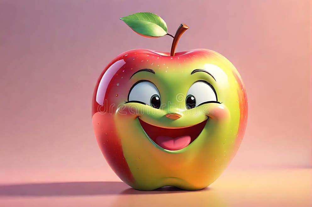 Apple Character Smiling - 3D Render with Exaggerated Cute Features ...