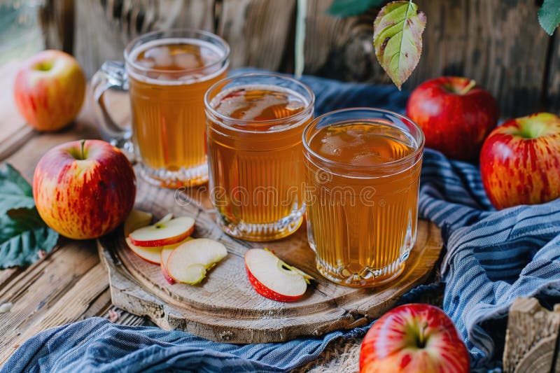 Apple Cider in Glasses on Rustic Table with Fresh Apples Stock Image ...