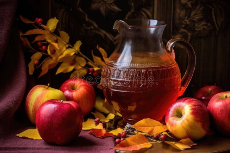 Apple Cider in a Vintage Pitcher with Fall Leaves Stock Photo - Image ...