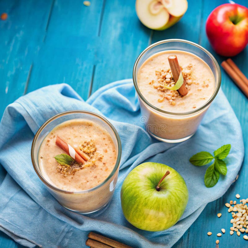 Apple Cinnamon Oatmeal Smoothie in Glasses on Light Blue Background ...