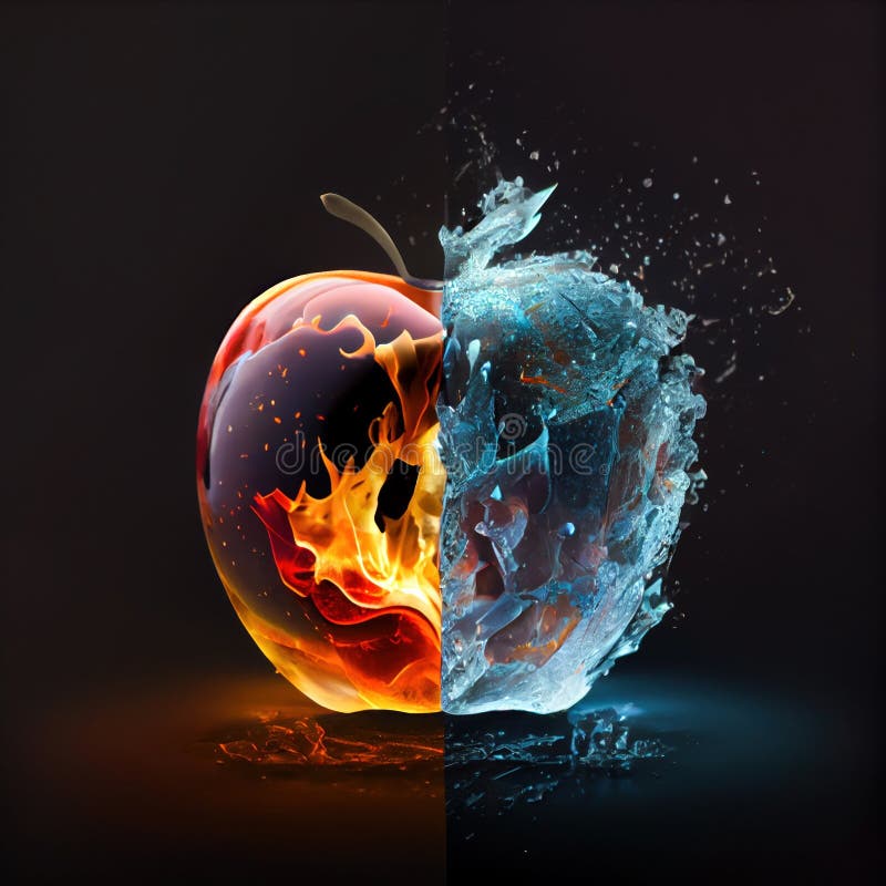Apple in the Clash of Ice and Fire on Black Background. Stock ...