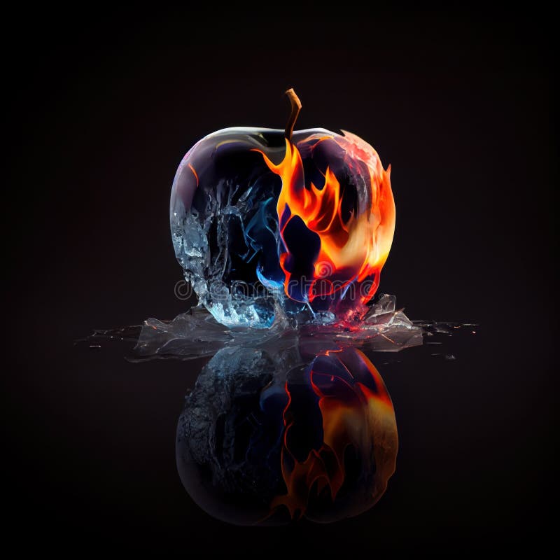 Apple in the Clash of Ice and Fire on Black Background. Stock ...