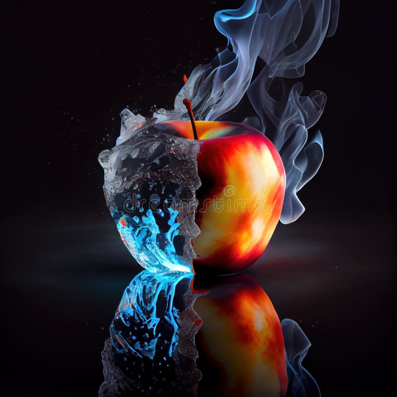 Apple in the Clash of Ice and Fire on Black Background. Stock ...
