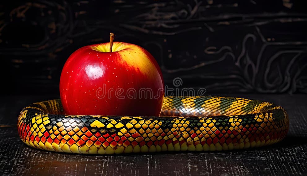 Apple in Coiled Snake on Dark Background, Symbolic of Temptation and ...
