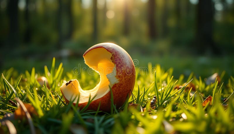 An Apple Core and an Ant, Sunlit in the Forest Clearing Stock ...