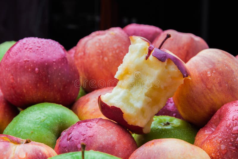 Apple Core Leftover among Heap of Fresh Red and Green Apples Mix Stock ...