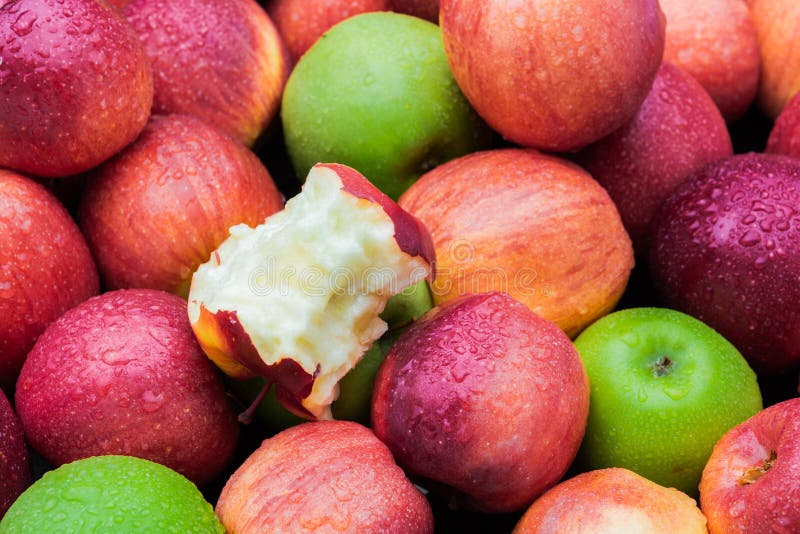 Apple Core Leftover among Heap of Fresh Red and Green Apples Mix Stock ...