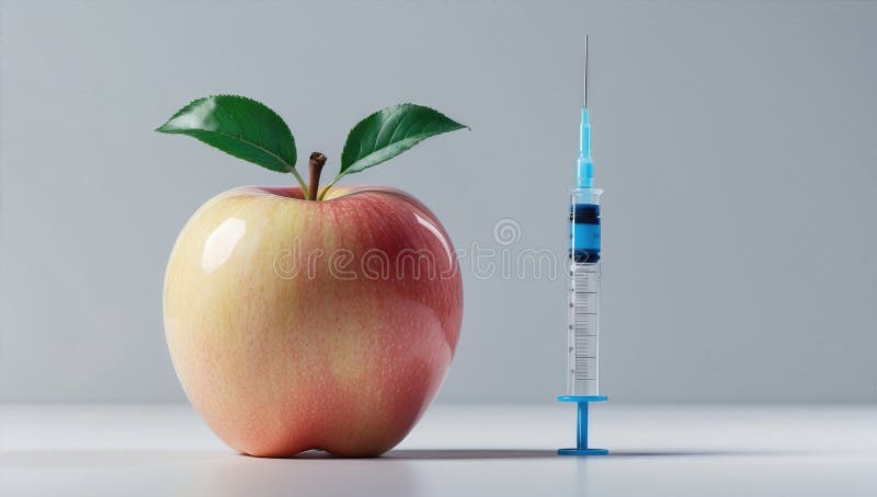Genetic Modification Concept Apple with Injection Syringe on Isolated ...