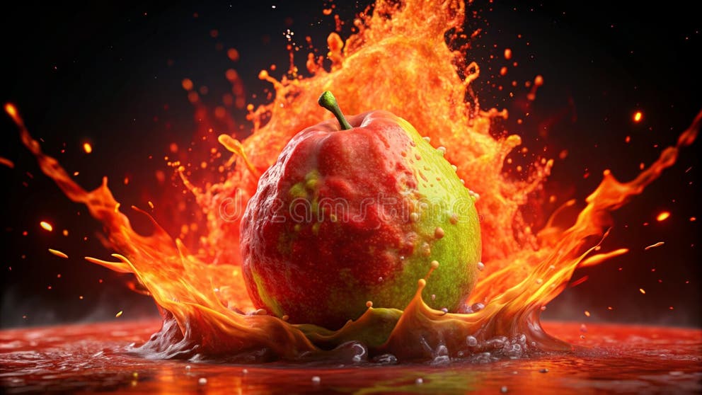 Apple Explosion. Red and Green Apple Splashes in Fiery Liquid Stock ...