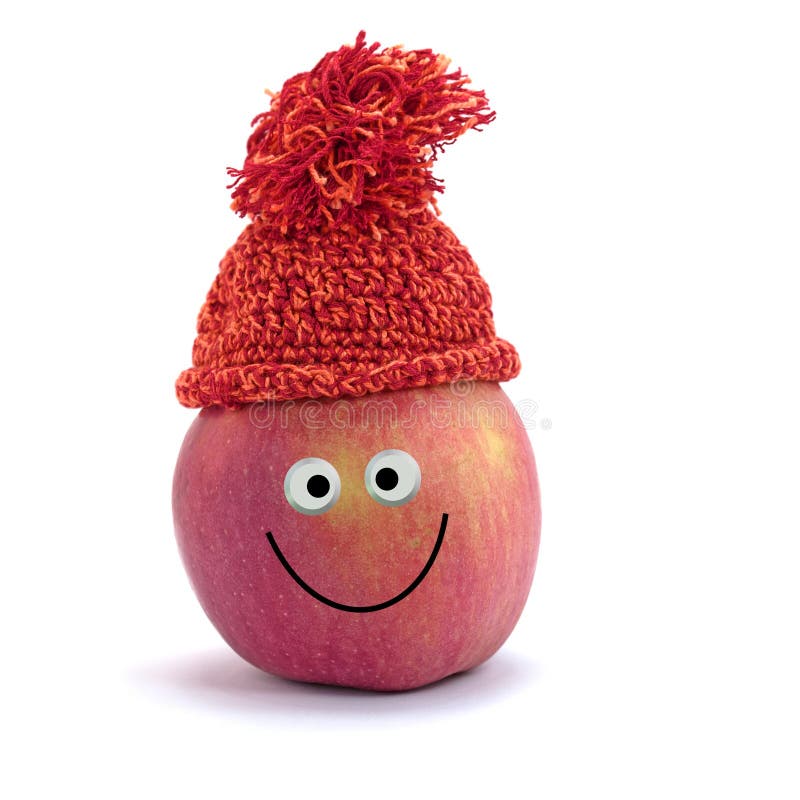 Apple with Face and Bobble Hat Stock Image - Image of background, white ...