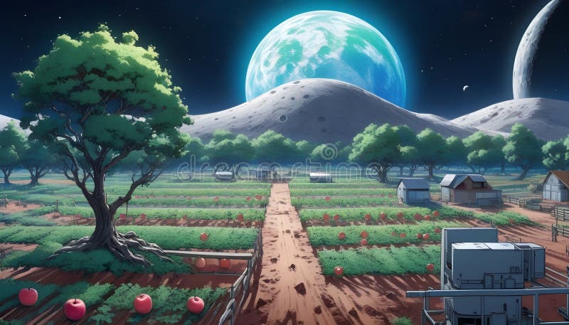 Apple Farm on the Moon with Earth View. Stock Illustration ...