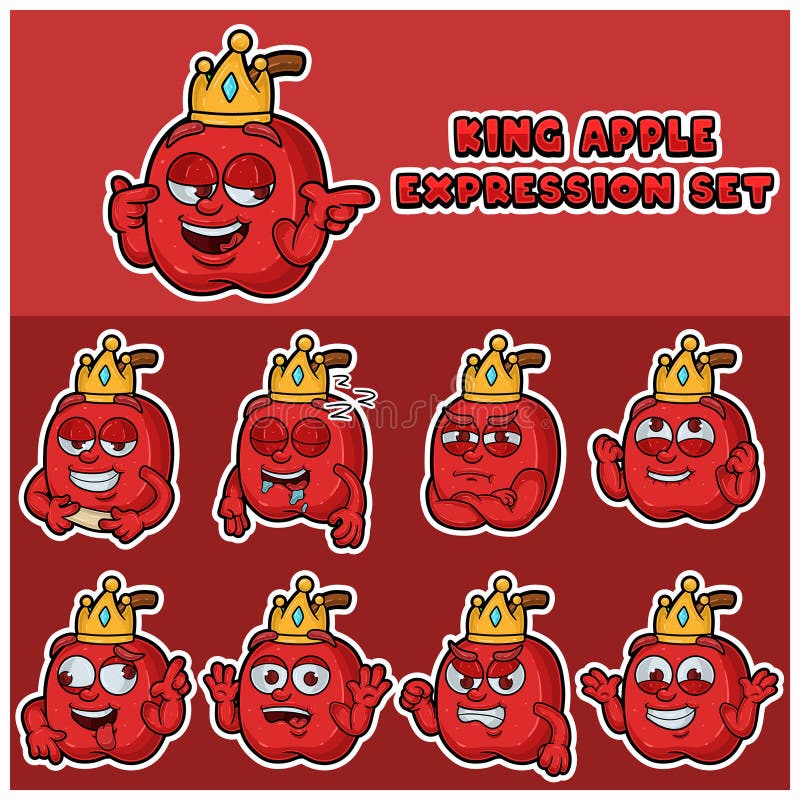 Apple Fruit Mascot Character Cartoon with Crown and Face Expression Set ...
