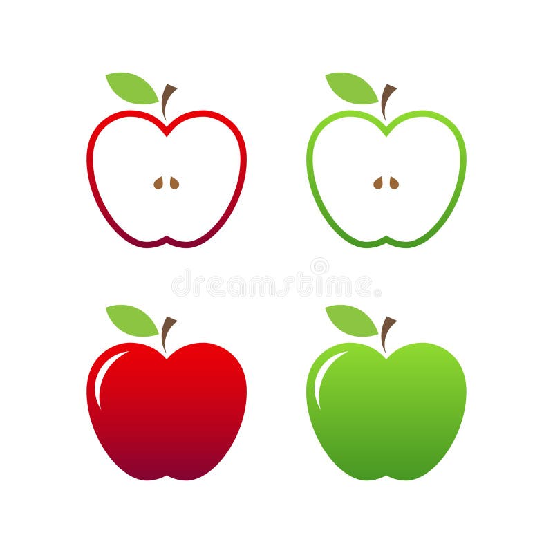 Apple Icon. Set of Red, Green, and Half Apple with Leaf Vector. Stock ...
