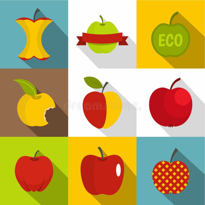 Apple Icons Set, Flat Style Stock Vector - Illustration of organic ...