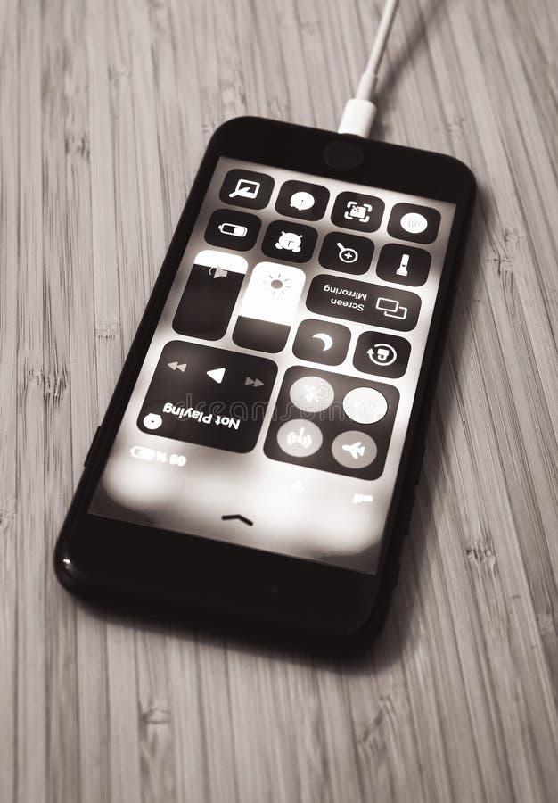 IPhone-7 Black Smartphone on Table Charges and Shows the Quick Access ...