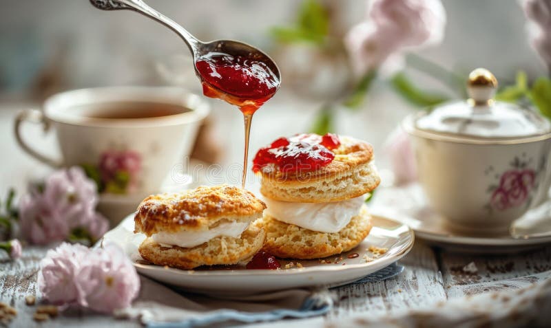 Apple Jam Being Spread on a Scone with a Cup of Tea Stock Photo - Image ...
