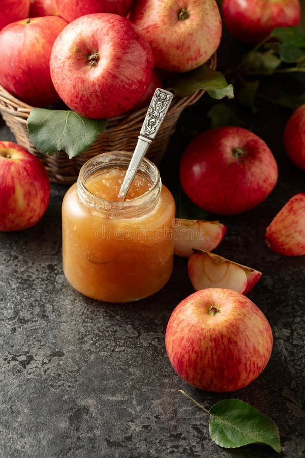 Apple Jam and Fresh Apples on a Black Stone Table Stock Image - Image ...
