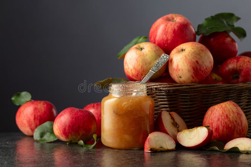 Apple Jam and Fresh Apples on a Black Stone Table Stock Photo - Image ...