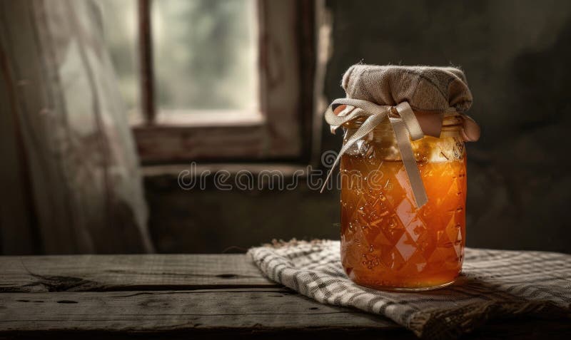 Apple Jam in a Glass Jar with a Ribbon Tied Stock Photo - Image of ...
