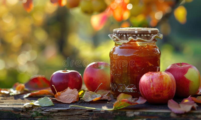 Apple Jam in a Glass Jar with a Ribbon Tied Stock Photo - Image of wood ...