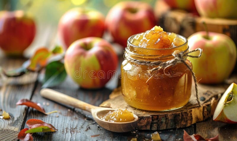 Apple Jam in a Glass Jar with a Ribbon Tied Stock Photo - Image of ...