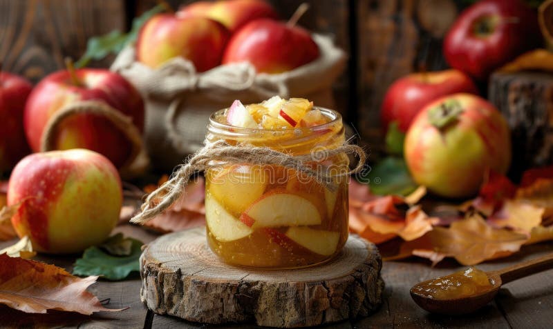 Apple Jam in a Glass Jar with a Ribbon Tied Stock Photo - Image of ...