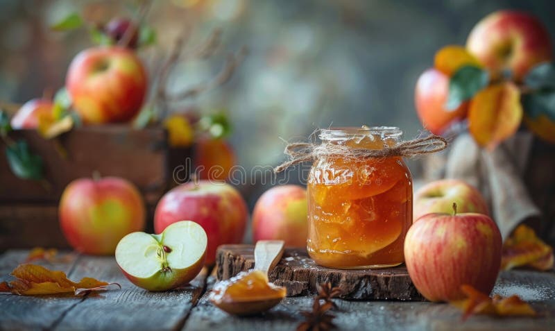 Apple Jam in a Glass Jar with a Ribbon Tied Stock Photo - Image of ...