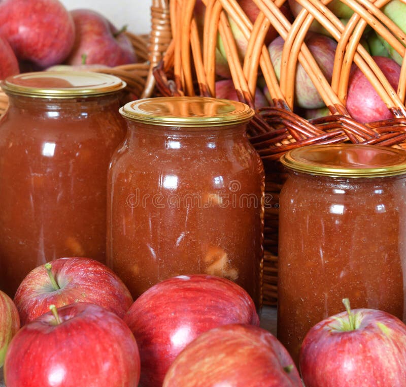 Apple Jam in Glass Jars and Lots of Fresh Apples Stock Photo - Image of ...