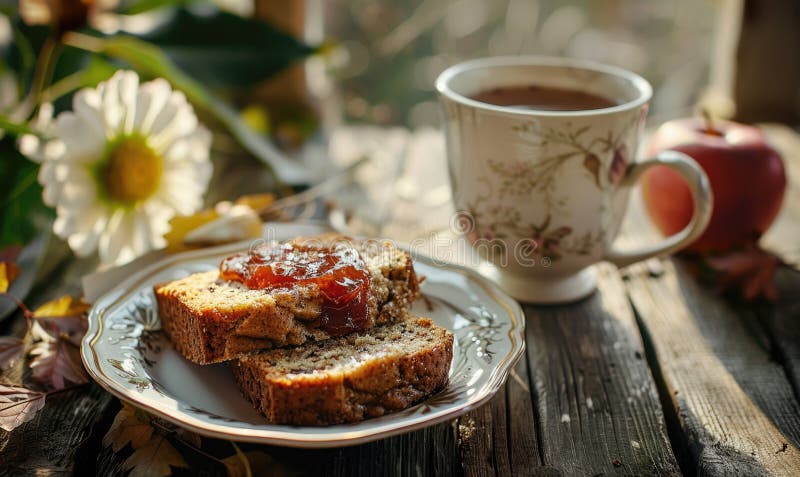 Apple Jam on a Slice of Banana Bread with a Cup of Tea Stock Photo ...