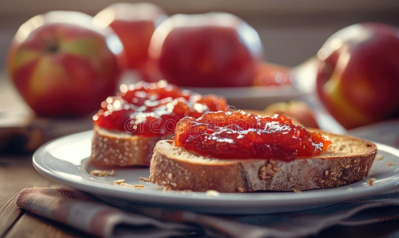 Apple Jam Spread on Toast with Fresh Apples in the Background Stock ...