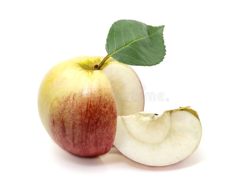 Apple with a Leaf and Small Slice at the Side Stock Image - Image of ...