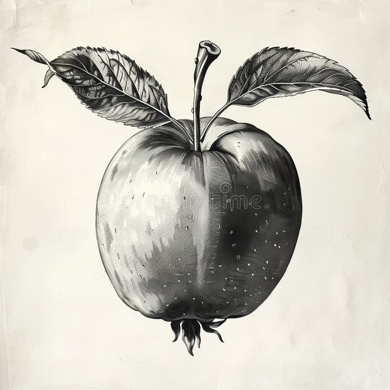 Apple with Leaves on a White Background. Black and White Illustration ... Apple with Leaves on a White Background. Black and White Illustration ...