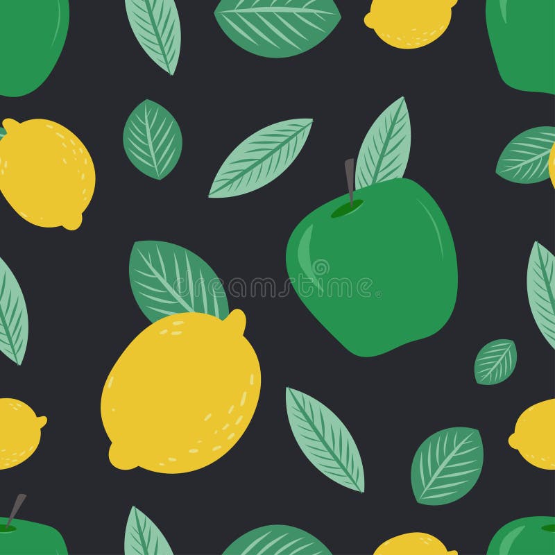 Apple and Lemon Seamless Pattern with Leaves on a Black Background ...