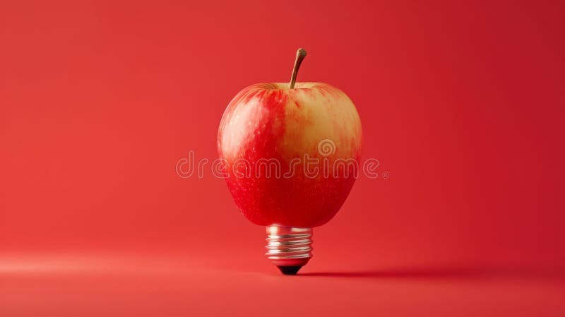 Apple Lightbulb on Red Background, Surreal Creative Concept Stock Photo ...
