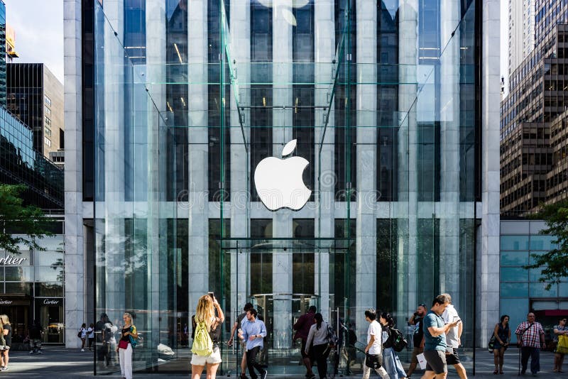 Apple Logo Hung in the Glass Cube Entrance To the Famous Fifth Avenue ... Apple Logo Hung in the Glass Cube Entrance To the Famous Fifth Avenue ...