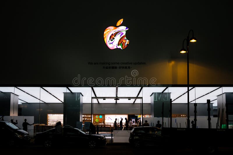 The Apple Logo on Apple Store Facade in Hongkong at Night Editorial ...