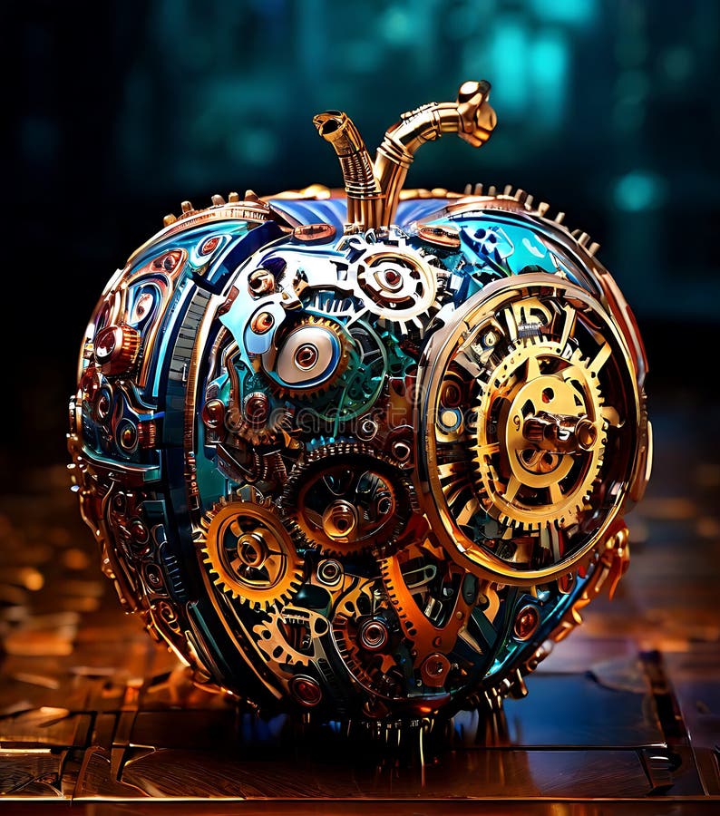 An Apple Made of Intricate Clockwork, with Tiny Gears and Cogs Exposed on Its Surface ...