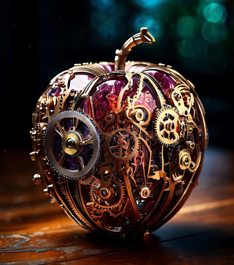 An Apple Made of Intricate Clockwork, with Tiny Gears and Cogs Exposed on Its Surface ...