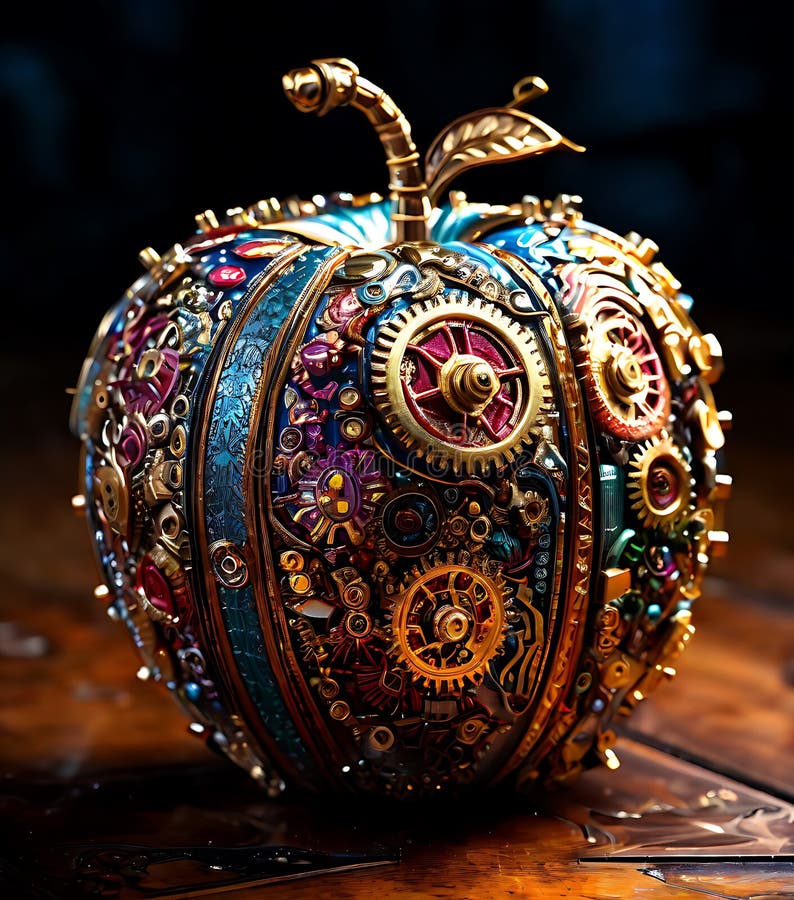 An Apple Made of Intricate Clockwork, with Tiny Gears and Cogs Exposed on Its Surface ...