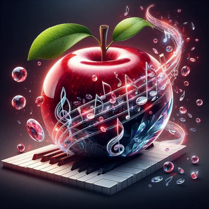 Apple Melody: Abstract Fruit with Musical Instruments and Notes Stock ...