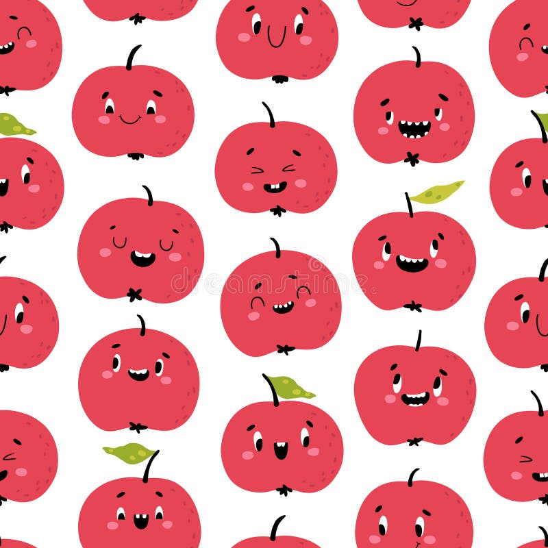 Apple Modern Creative Seamless Pattern. Funny Red Characters with Happy ...