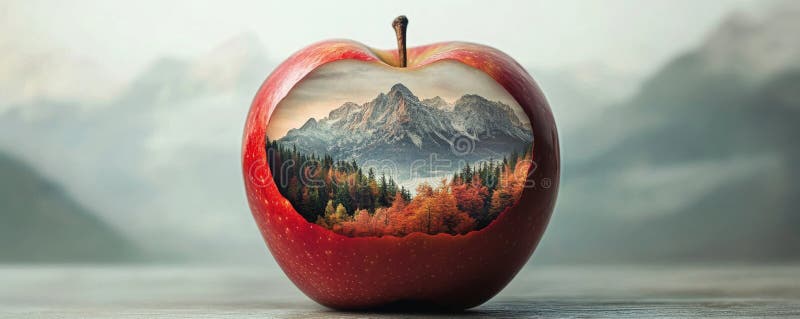 Apple with Mountain Landscape Inside, Creative Nature Concept Stock ...