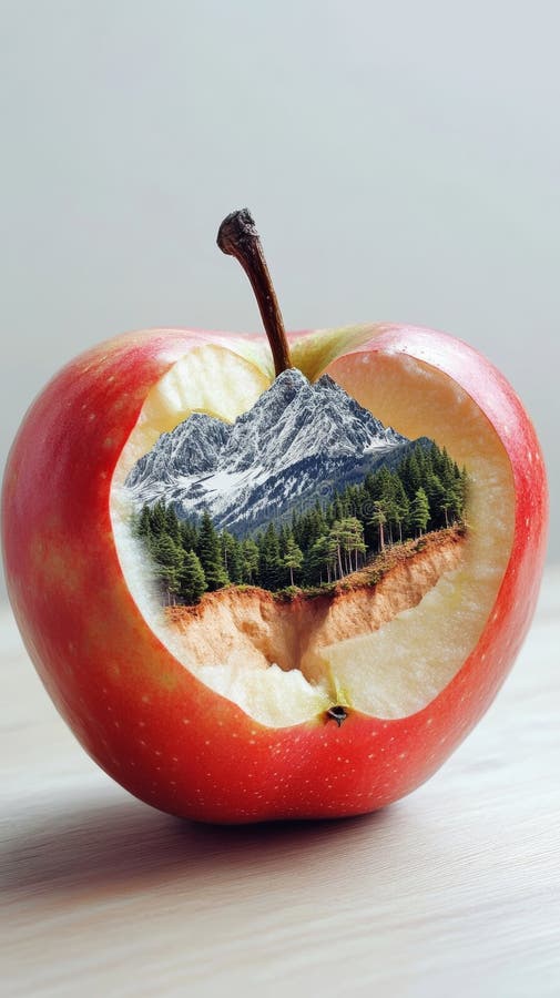 Apple with Mountain Landscape Inside, Surreal Concept Stock Image ...