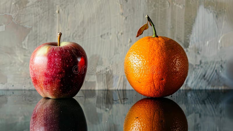Apple and Orange on Reflective Surface in Studio Shot. Contrast and ...