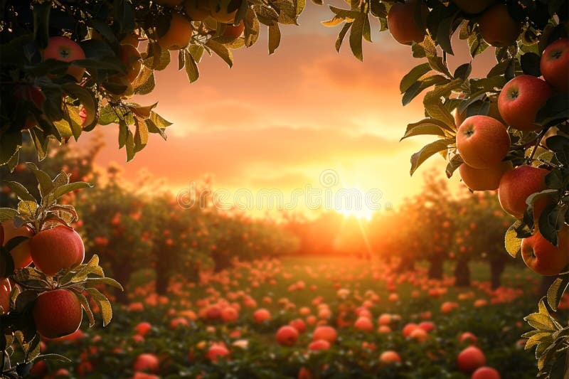 Apple Orchard Bliss Warm Sunset, Sprawling Orchard, with Text Space ...