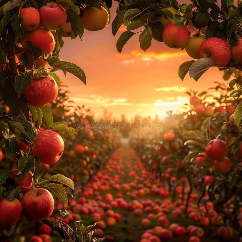 Apple Orchard Bliss Warm Sunset, Sprawling Orchard, with Text Space ...