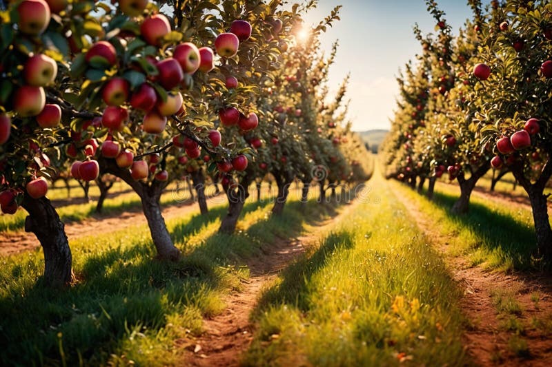 Apple Orchard with Fruit Trees in Countryside Farm Stock Illustration ...
